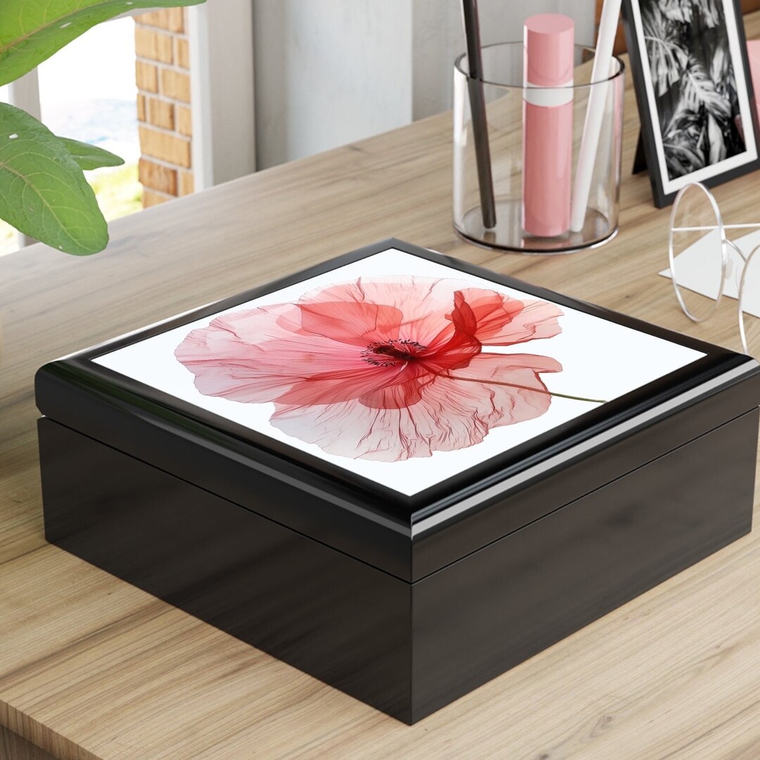 Poppy Pink Jewelry Box, Keepsake Box - Wood & Ceramic Tile Top ...