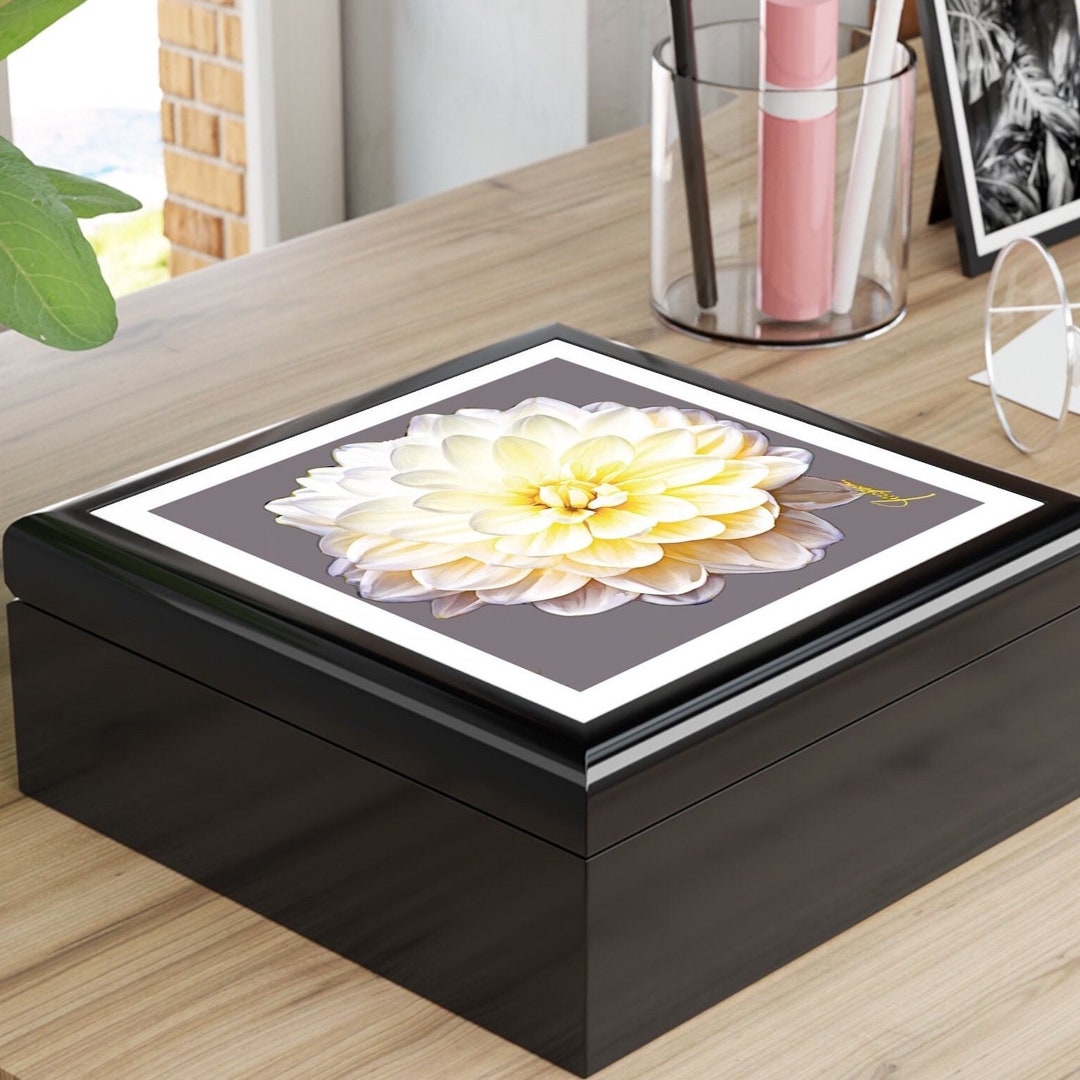Dahlia Flower Jewelry Box, Art Deco Keepsake Box, Ceramic Tile Top - Etsy