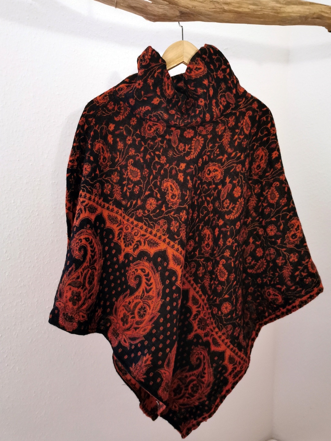 Winter Poncho ZORA With Paisley Pattern, Rust Red / Black, Reversible ...
