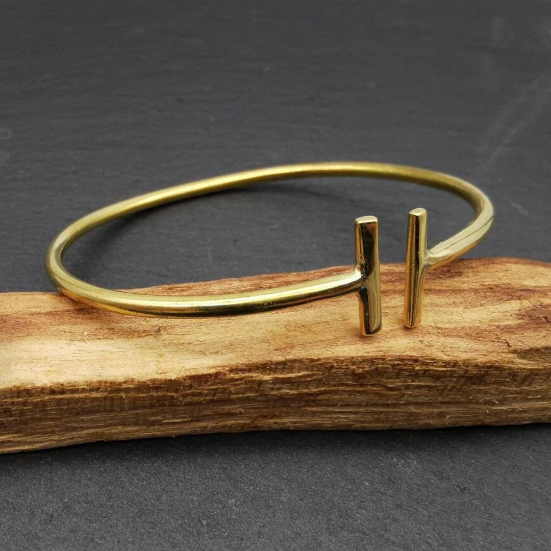 Brass Bangle, Minimal Design, Open Bangle With Two Lines/bars - Etsy