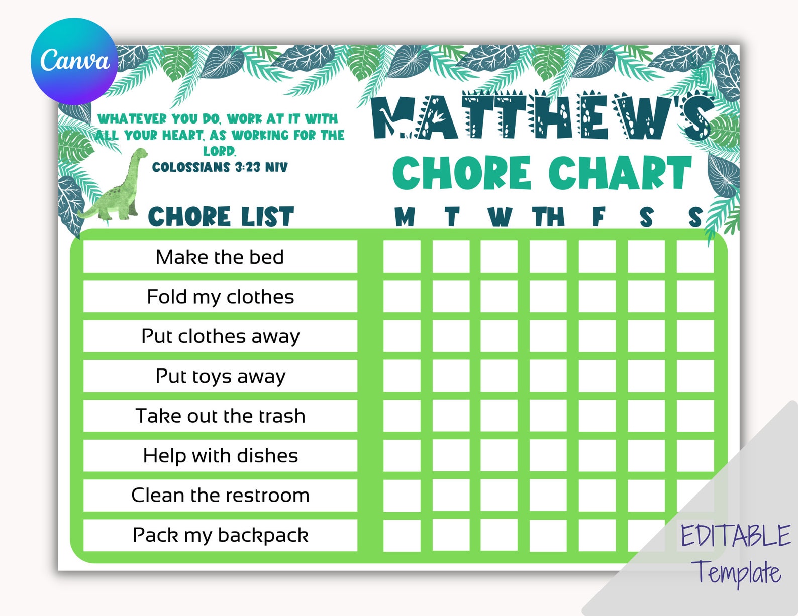 Christian Chore Chart, Dinosaur Chore Chart, Responsibility Chart ...