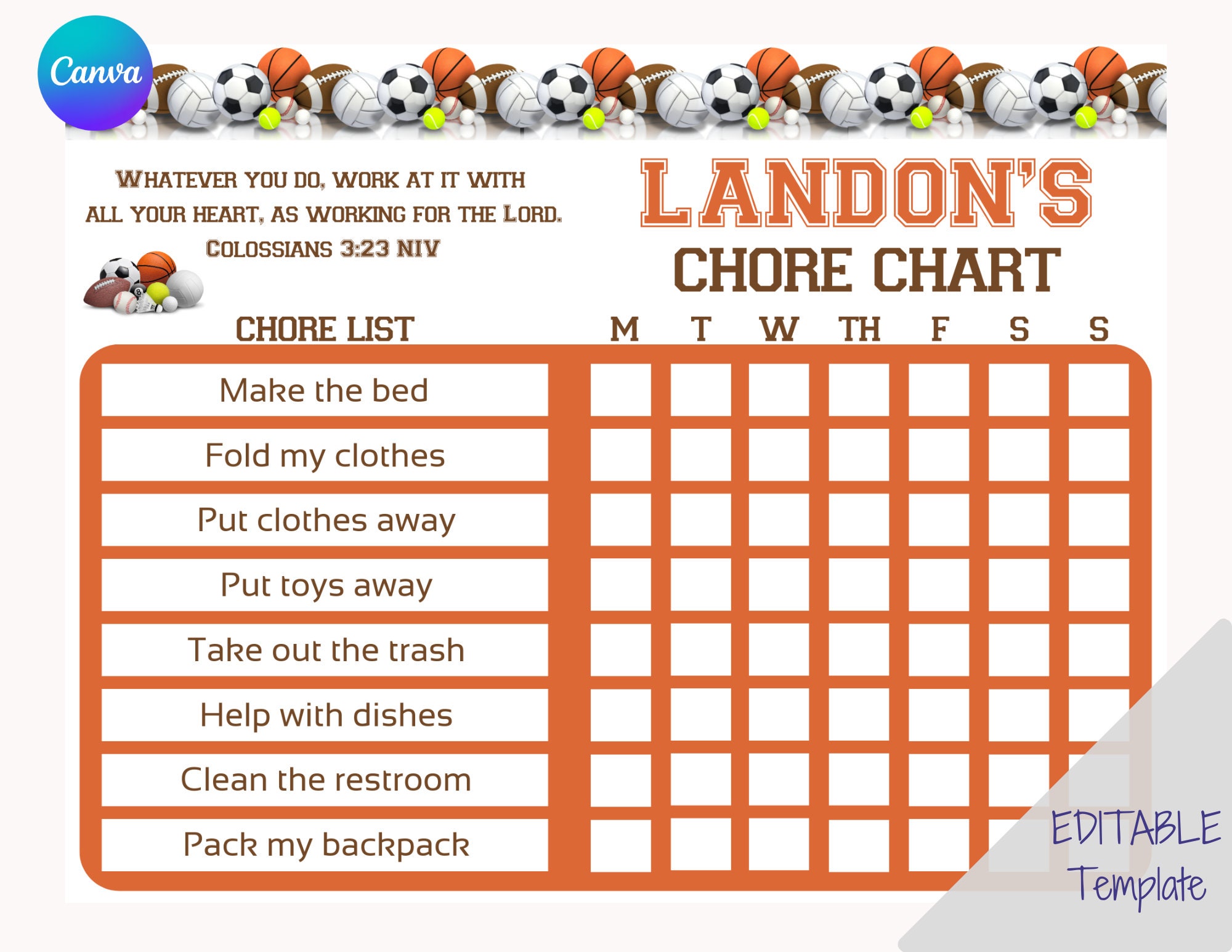 Christian Chore Chart, Chore Chart, Sports Chore Chart, Checklist ...