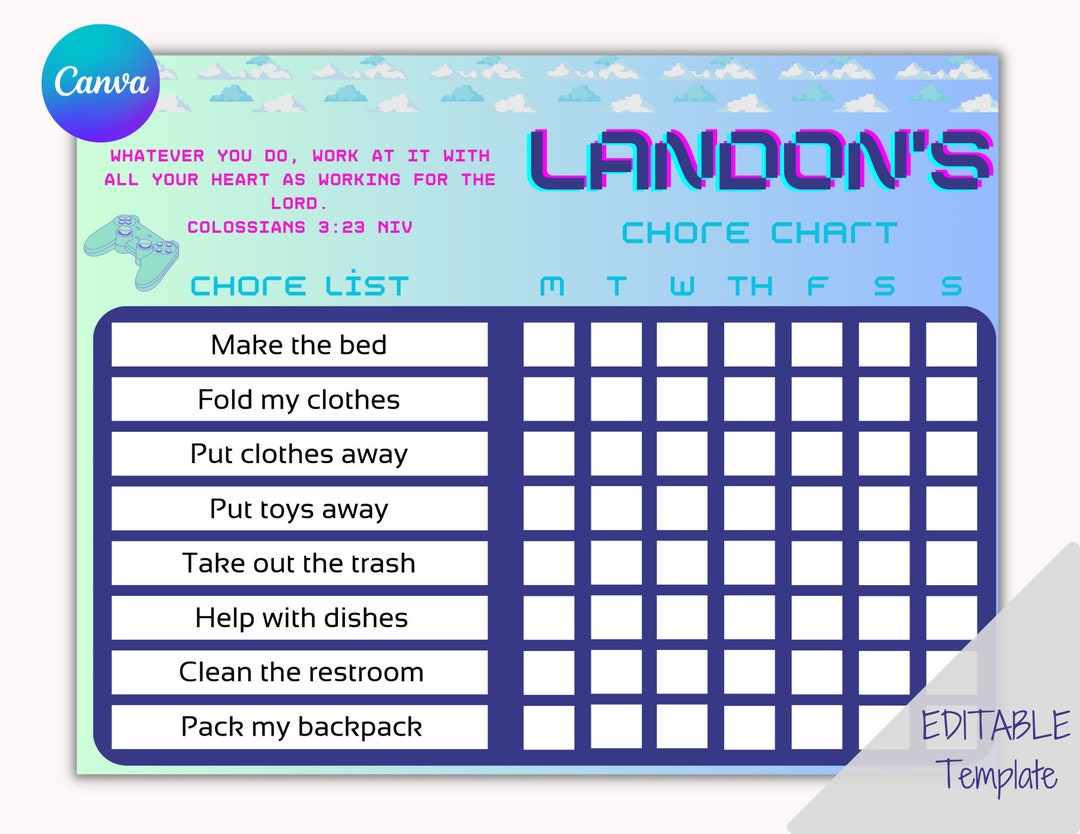 Christian Chore Chart, Chore Chart, Video Game Chore Chart, Checklist ...