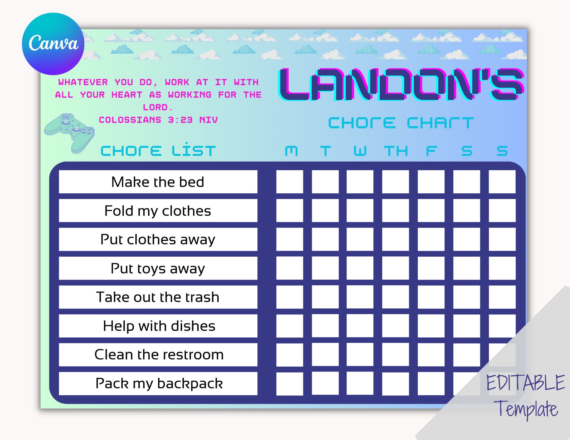 Christian Chore Chart, Chore Chart, Video Game Chore Chart, Checklist ...