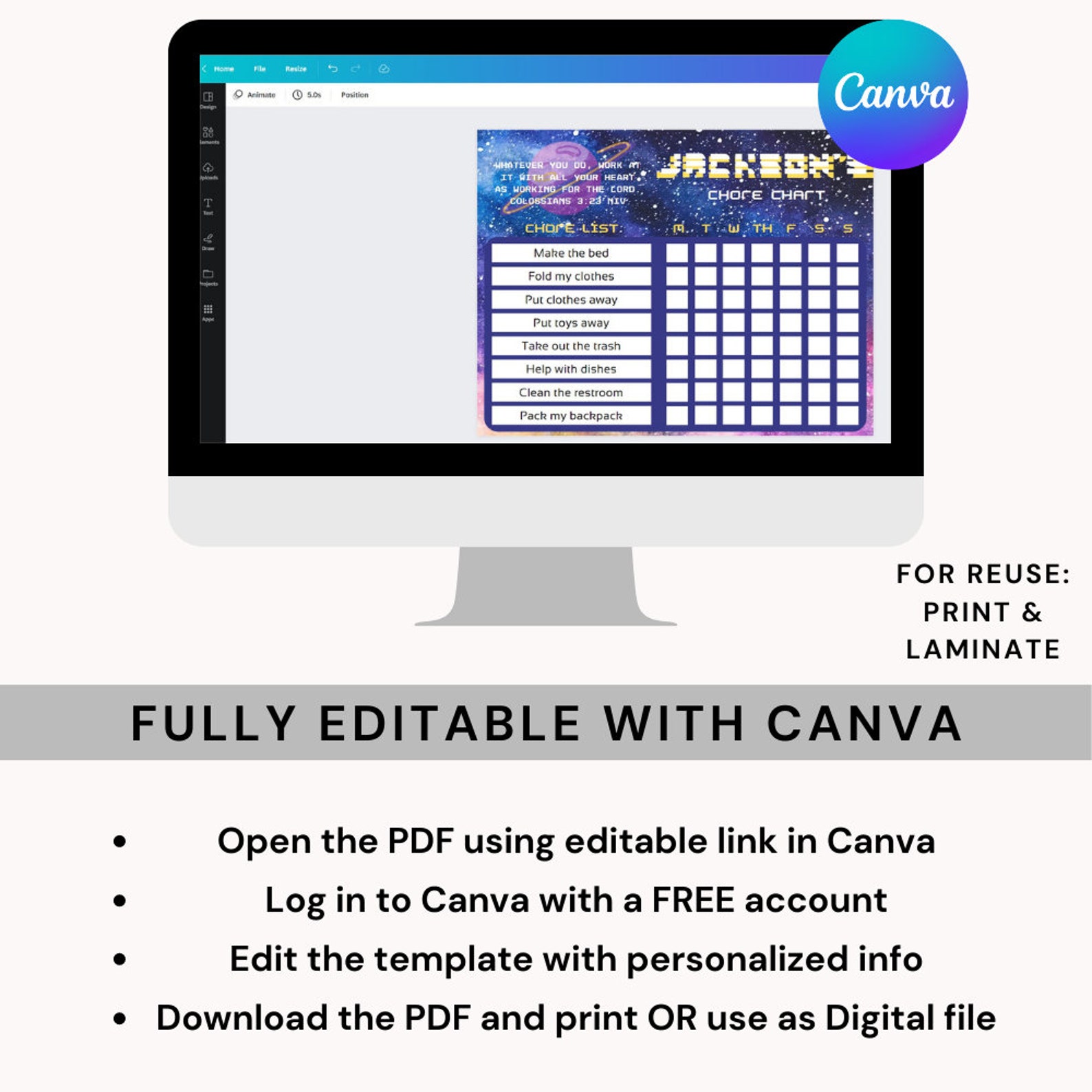 Christian Chore Chart, Space Chore Chart, Responsibility Chart ...