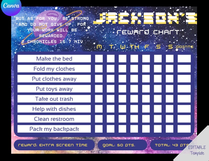 Christian Reward Chart, Space Chore Chart, Responsibility Chart ...