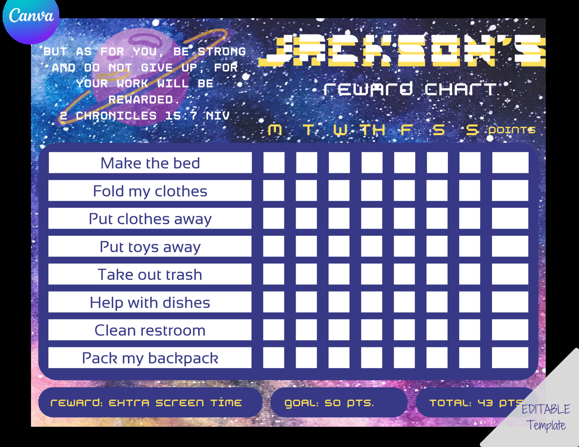 Christian Reward Chart, Space Chore Chart, Responsibility Chart ...
