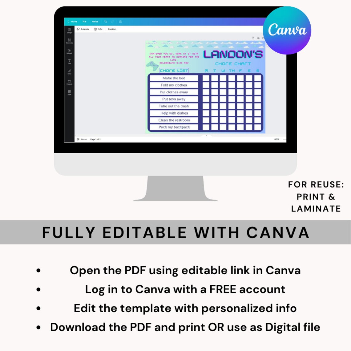 Christian Chore Chart, Chore Chart, Video Game Chore Chart, Checklist ...