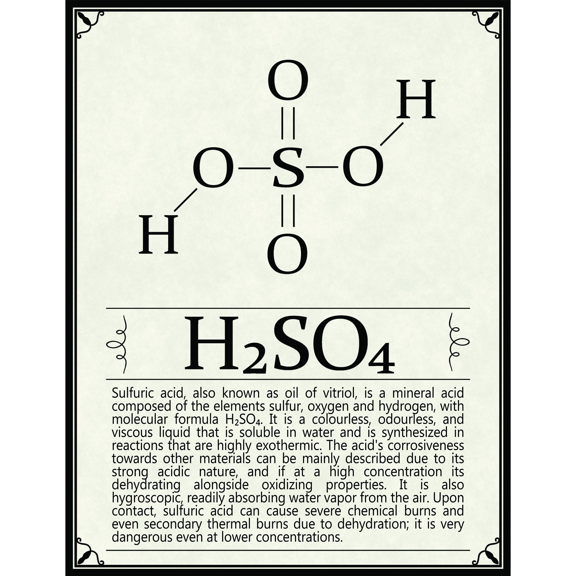 H2S04 Molecule Poster, Sulfuric Acid Poster, Chemistry or Science Lab ...