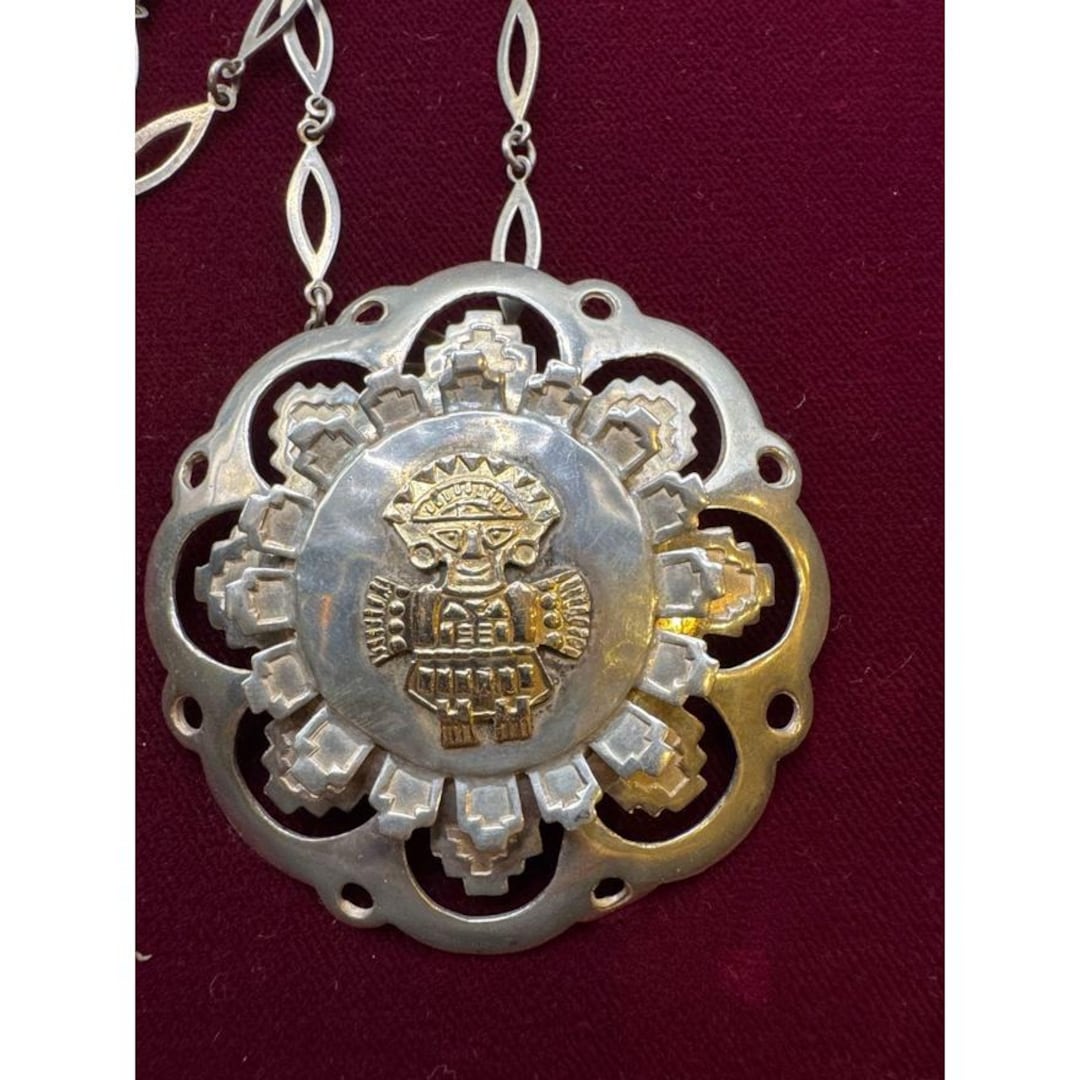 Vintage Peru Incan Sterling and 18K Gold Pendant or Brooch on Sterling ...