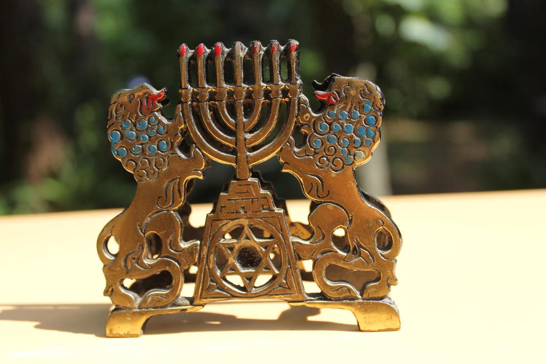 Judaica Brass Painted Red Lions of Judah Menorah Hinged Letter Holder ...