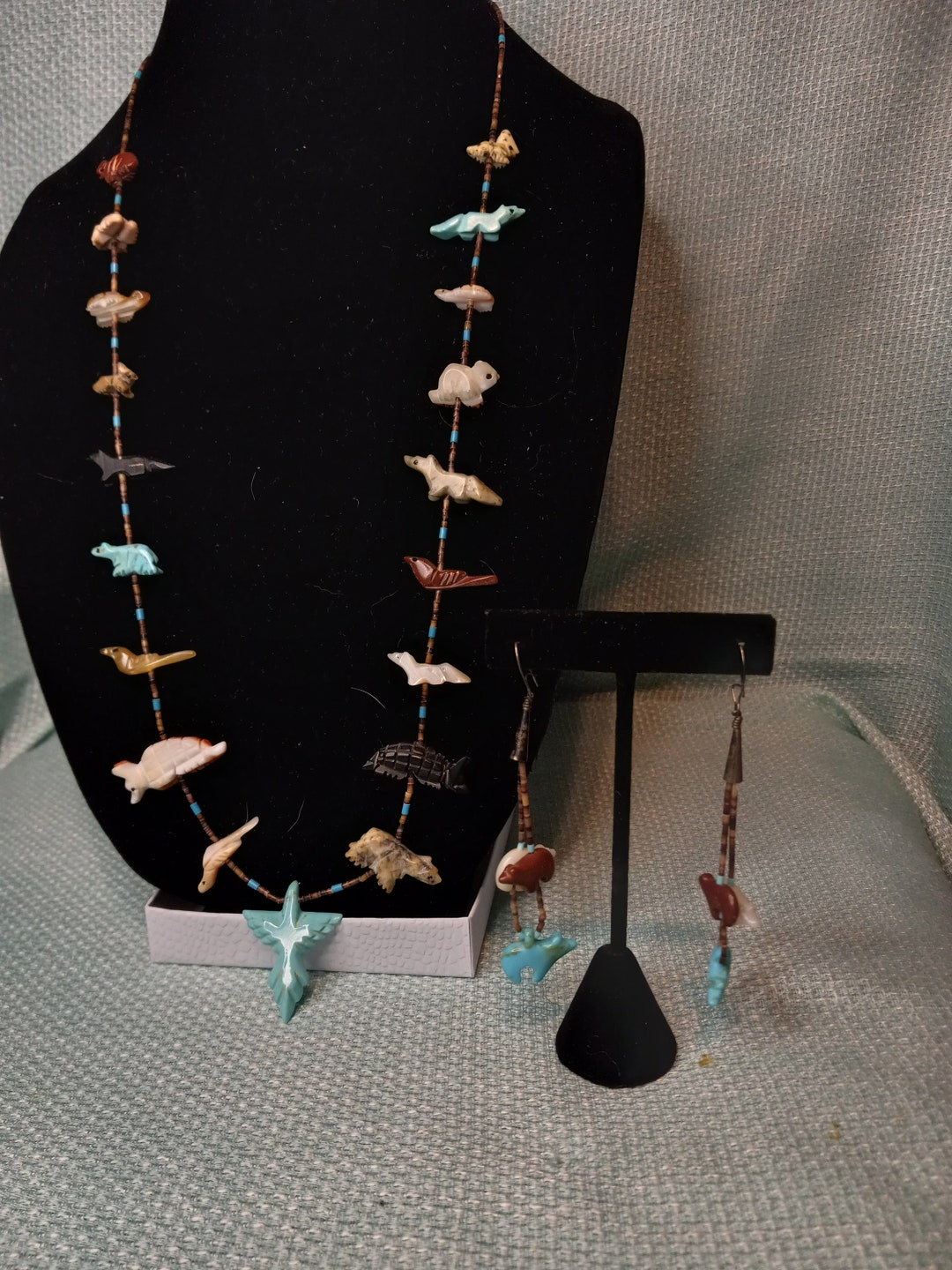 Zuni Fetish Necklace and Earrings Set With Multi Stone Carved Animals ...