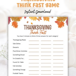 Thanksgiving Think Fast Game, Printable | Family Thanksgiving Game for ...