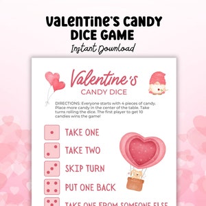Valentines Day Candy Dice Game, Printable | Kids Party Game or Activity ...