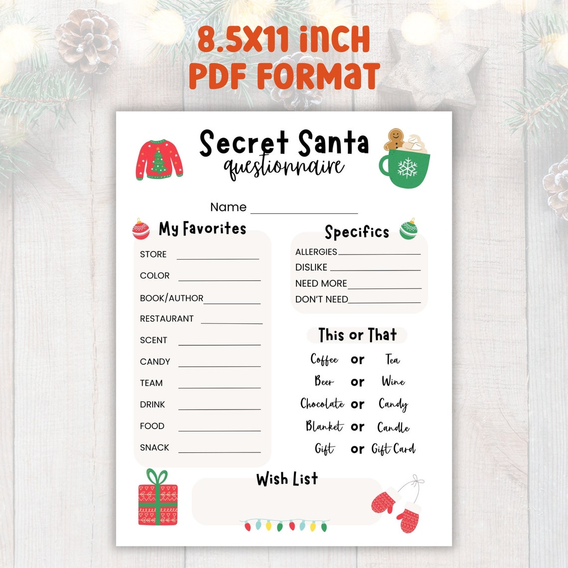 Printable Secret Santa Questionnaire, Christmas Holiday Gift Exchange ...