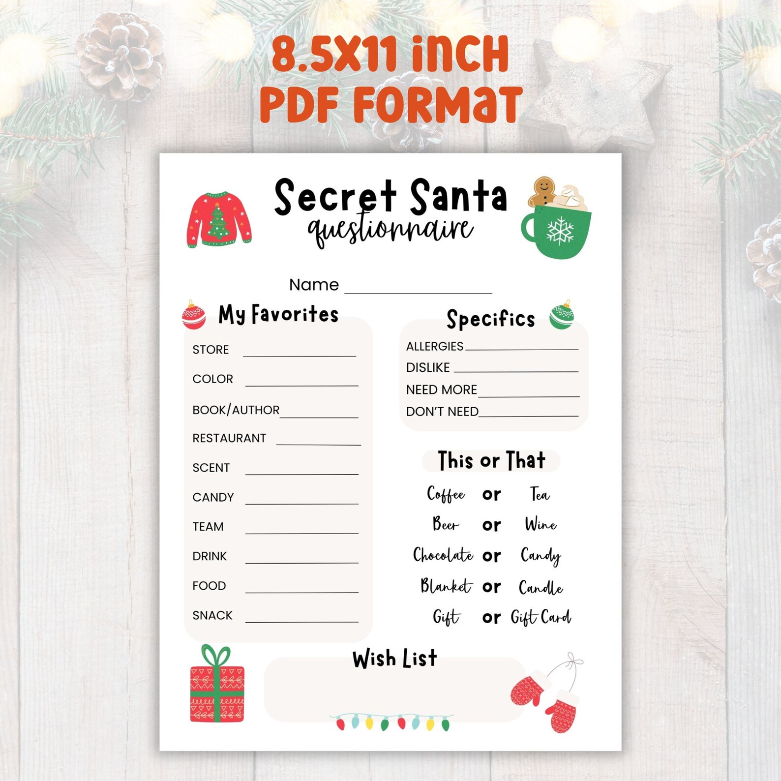 Printable Secret Santa Questionnaire, Christmas Holiday Gift Exchange ...