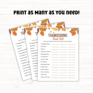 Thanksgiving Think Fast Game, Printable | Family Thanksgiving Game for ...