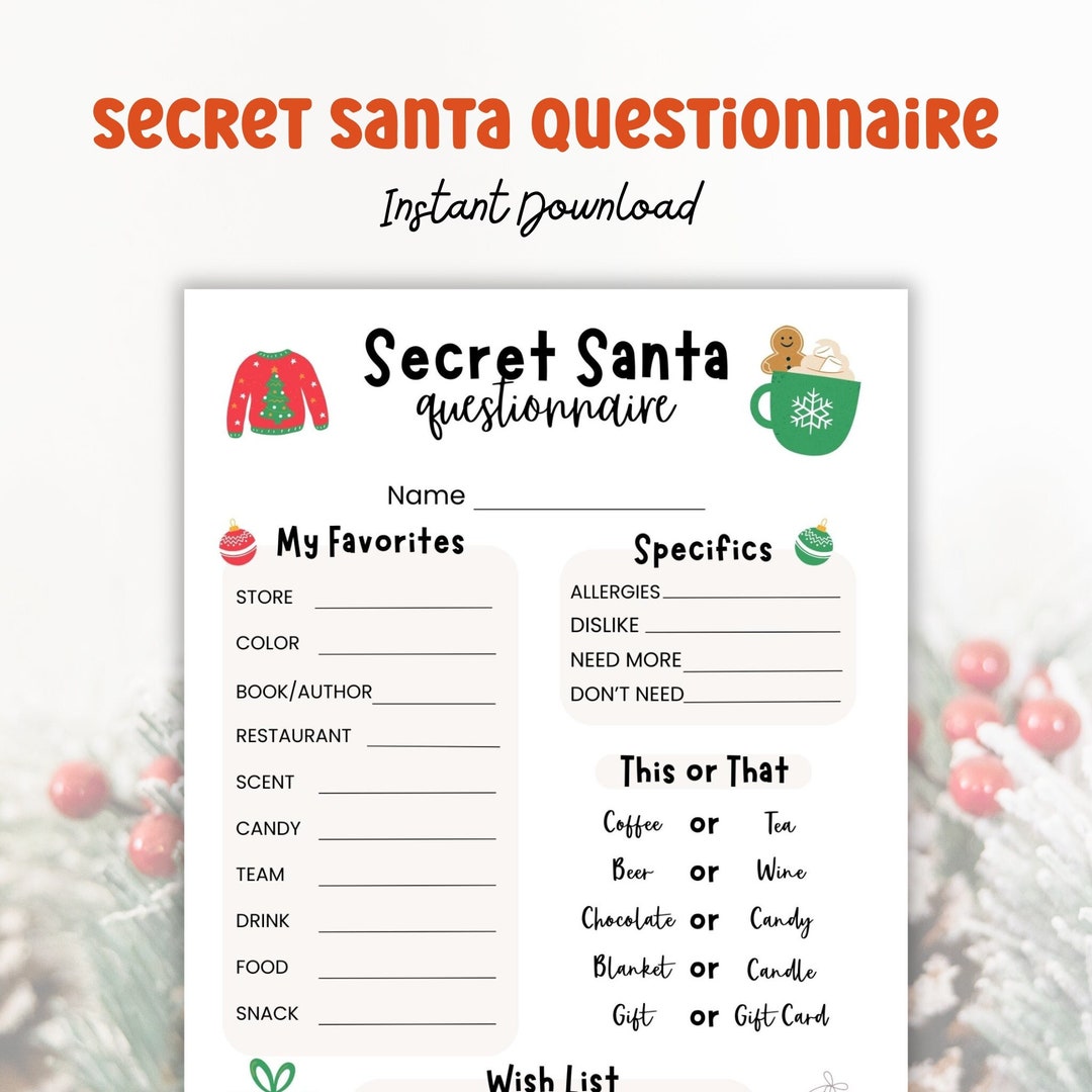 Printable Secret Santa Questionnaire, Christmas Holiday Gift Exchange ...