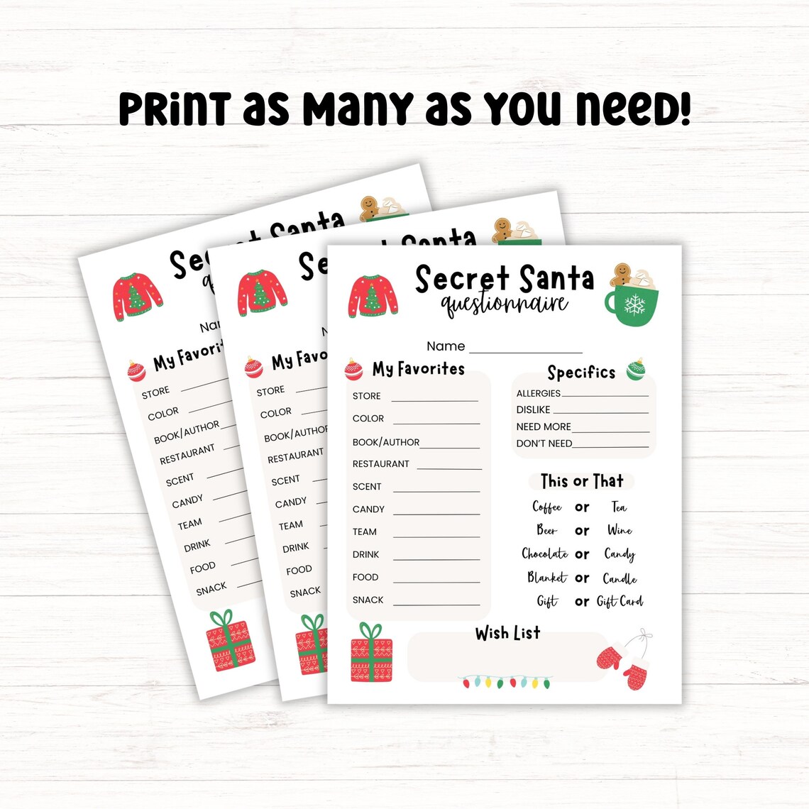 Printable Secret Santa Questionnaire, Christmas Holiday Gift Exchange ...