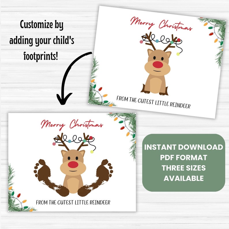 Reindeer Footprint Art Craft, Printable, Christmas or Holiday DIY Card ...