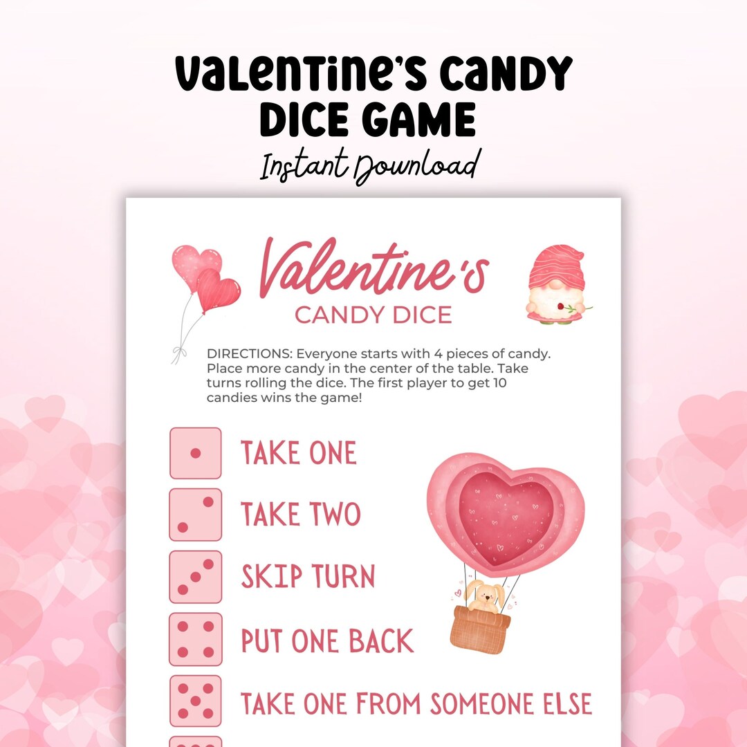 Valentines Day Candy Dice Game, Printable | Kids Party Game or Activity ...