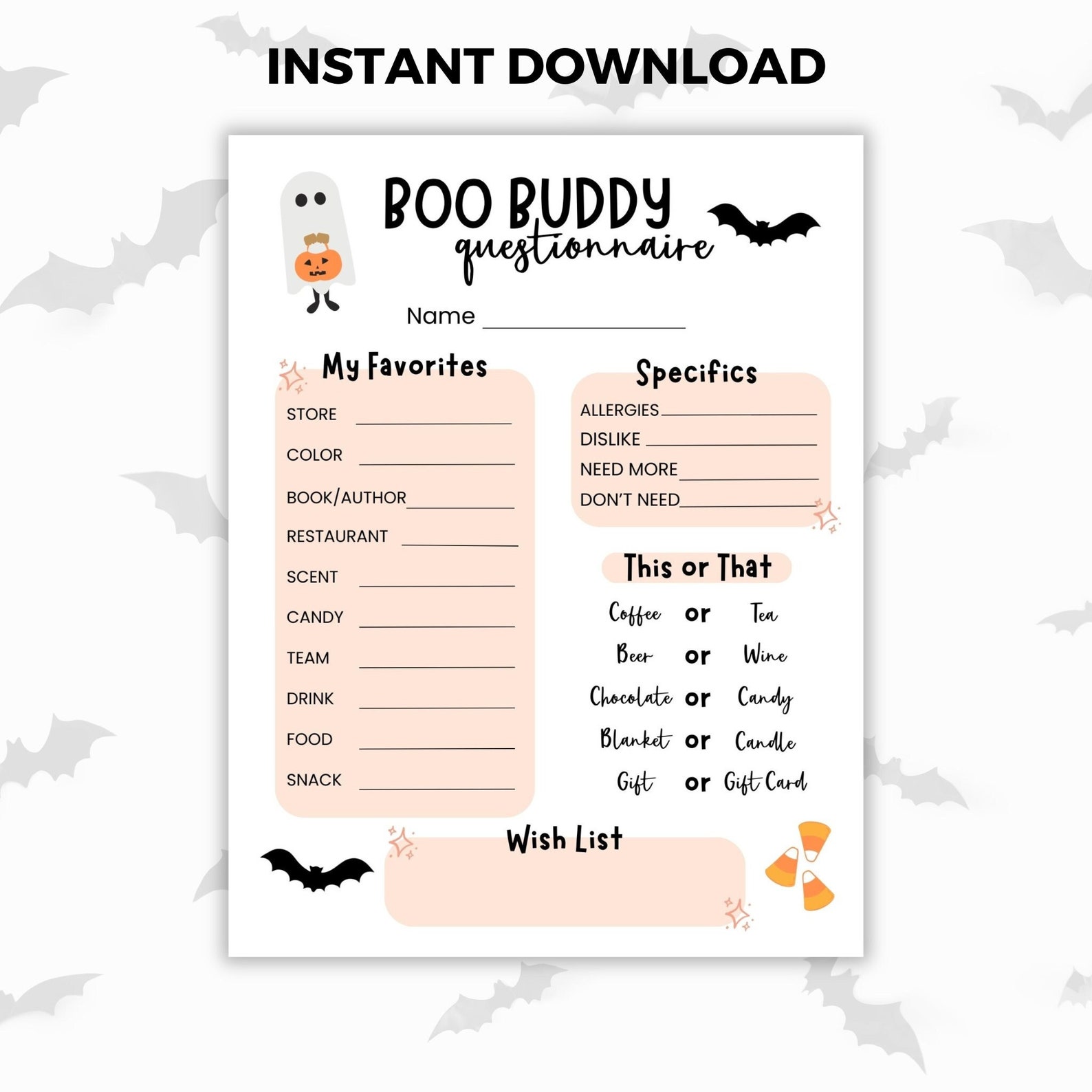 Printable Boo Buddy or Buddies Basket Questionnaire, Halloween Gift ...