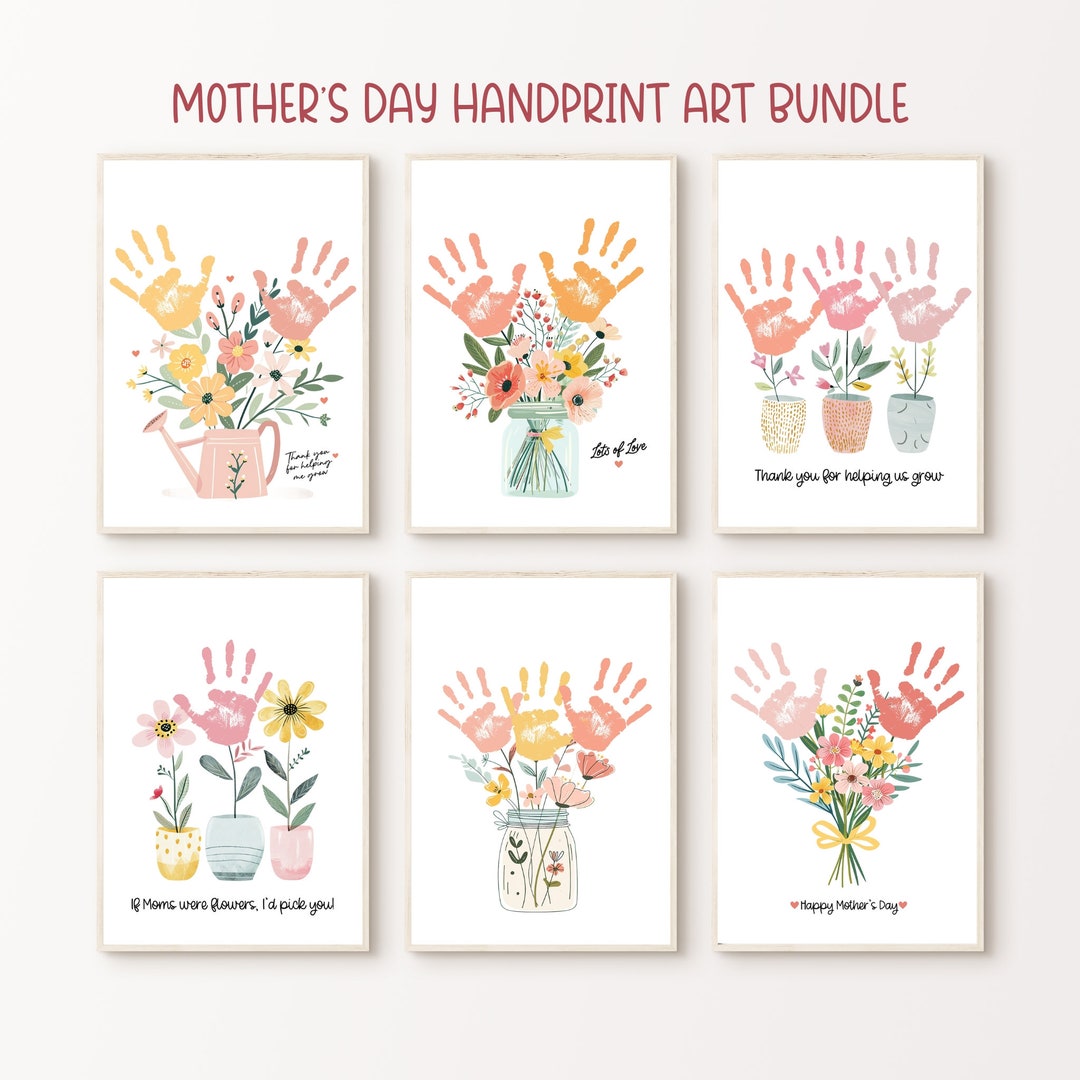 Mothers Day Flower Handprint Art Bundle, Printable | Mom Craft Gift ...