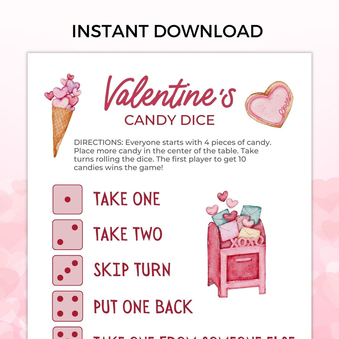 Valentines Day Candy Dice Game Printable Kids Party Game or - Etsy