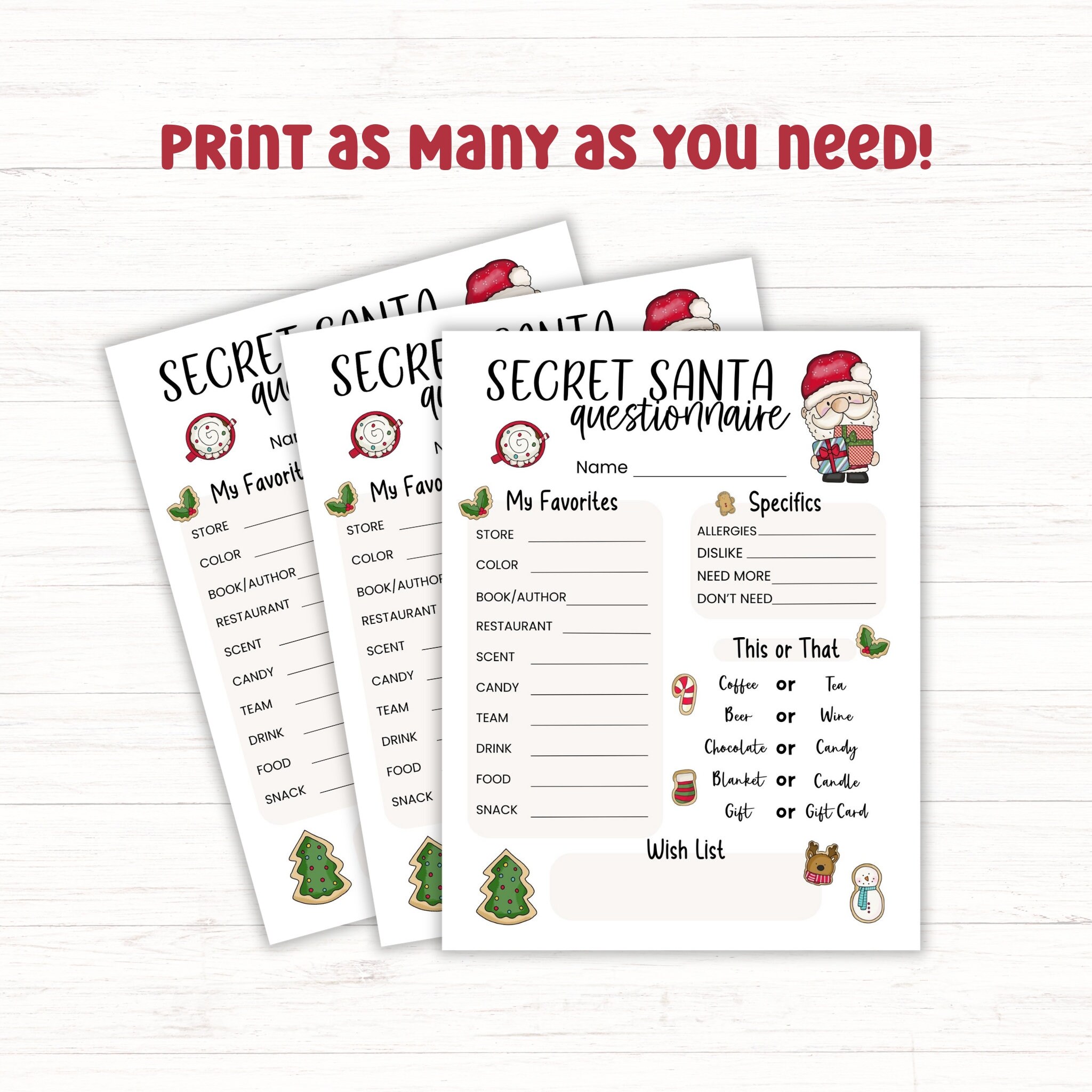 Printable Secret Santa Questionnaire, Christmas Holiday Gift Exchange ...