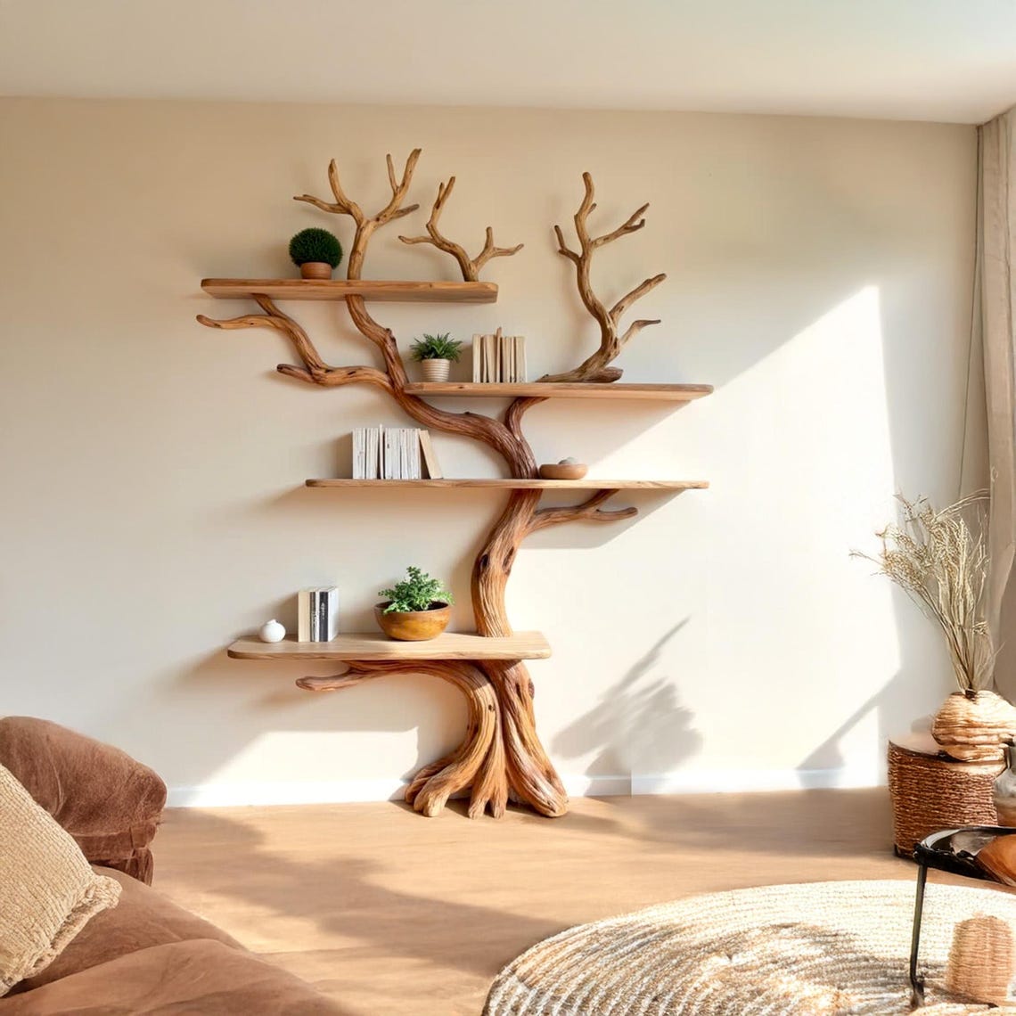 Solid Wood Tree Bookshelf Driftwood Branch Bookcase Wall Mount Floating ...
