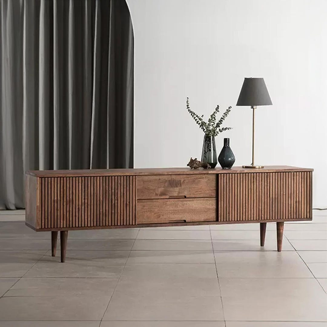 Monitor Stand Solid Wood Walnut Media Console Storage Cabinet With ...