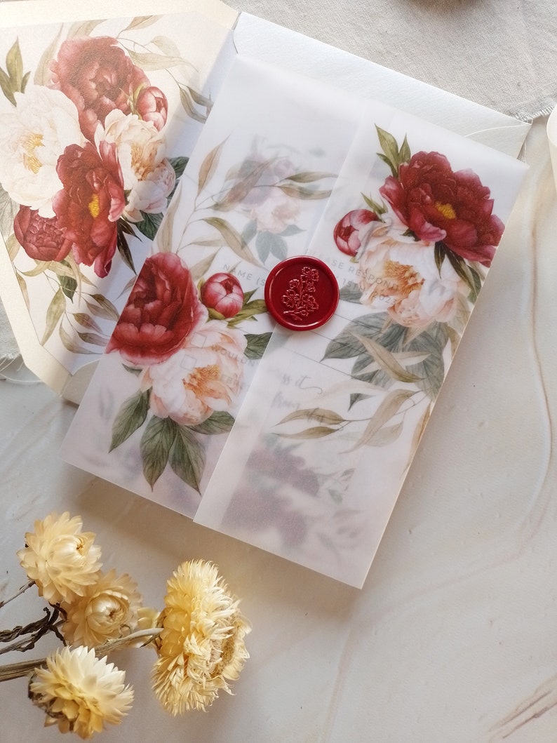 Peonies Wedding Invitation With Vellum Wrap. Transparent Invites ...
