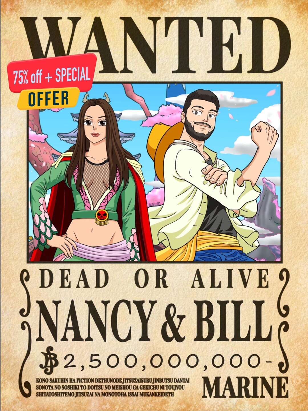 Custom Couple Anime Wanted Poster, Personalized Pirate Couple Portrait ...