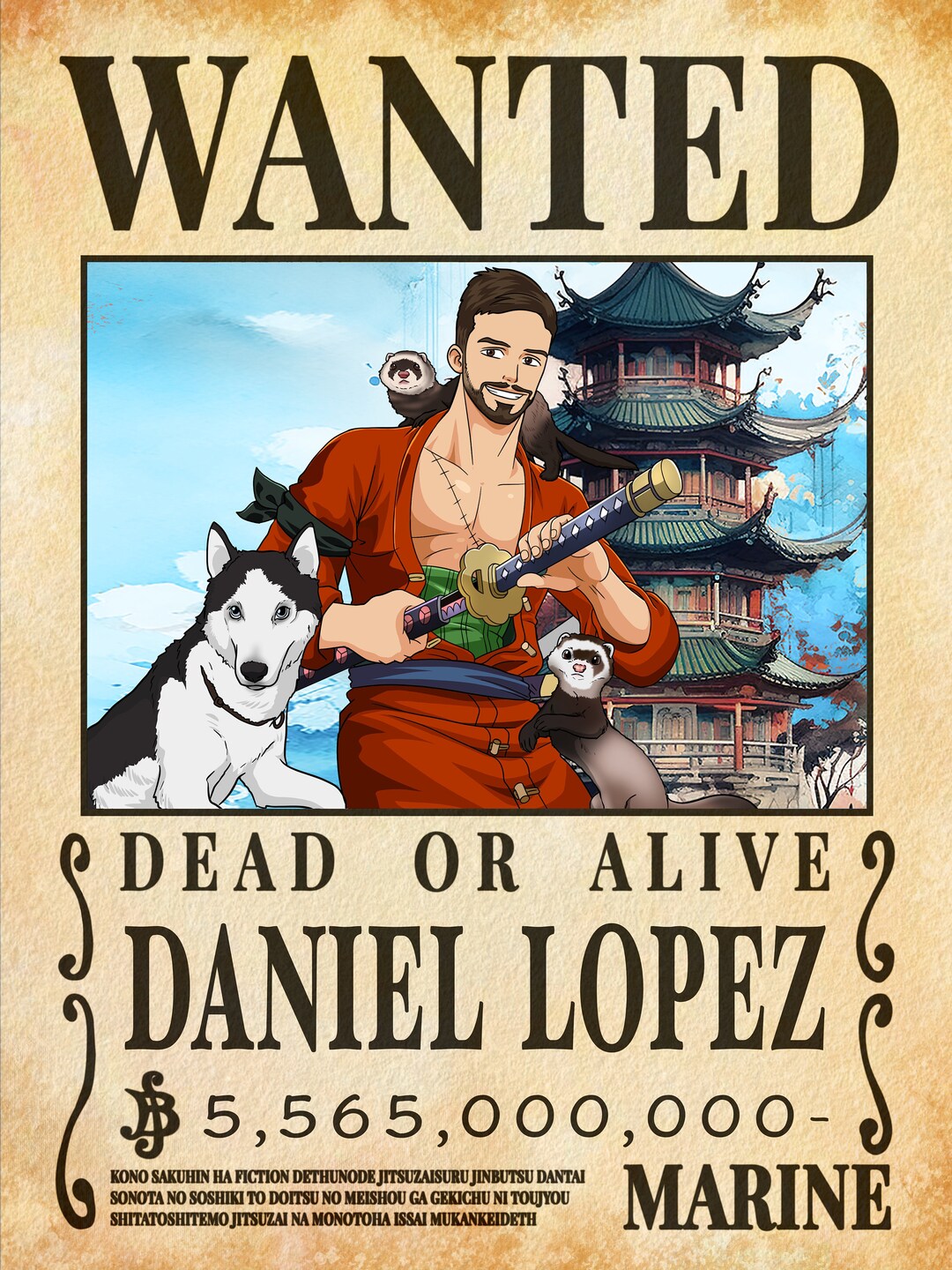 Fully Custom Anime Wanted Poster, Portrait in Wanted Poster, You & Pet ...