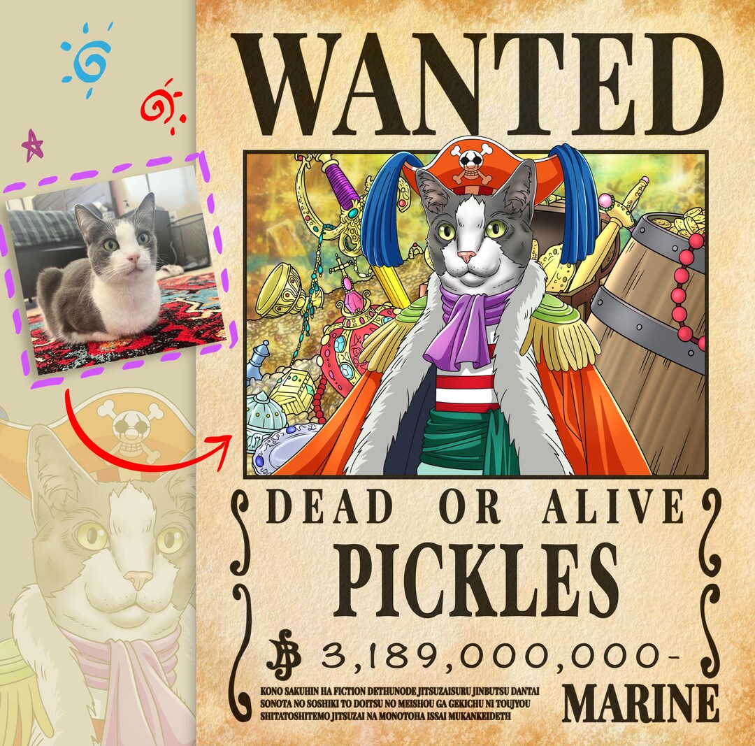Cat Wanted Poster, Personalized Pet, Your Cat in Pirate Poster, Pet as ...