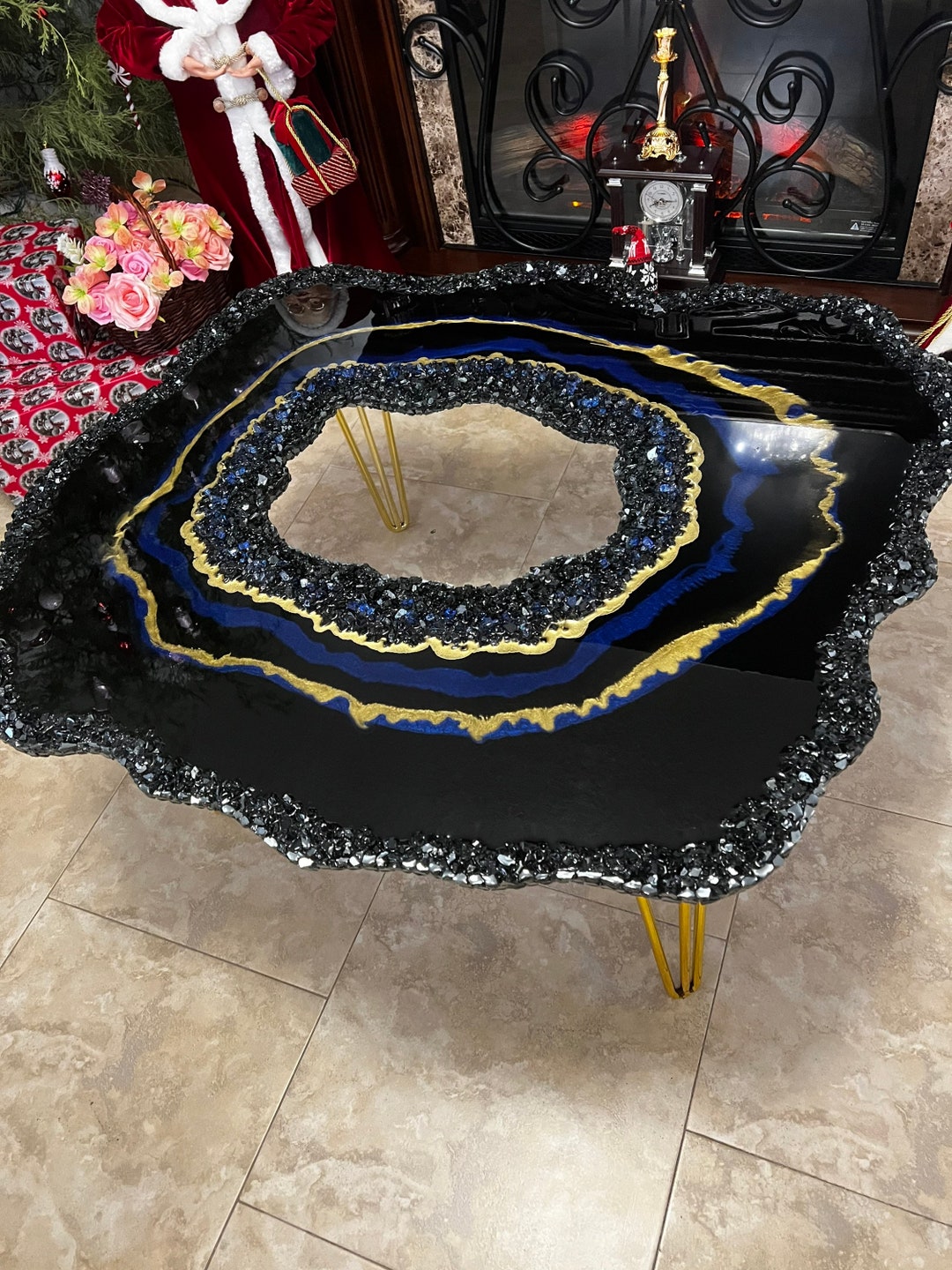Handmade Epoxy Resin Table: Black, Gold Blue Geode Design - Etsy