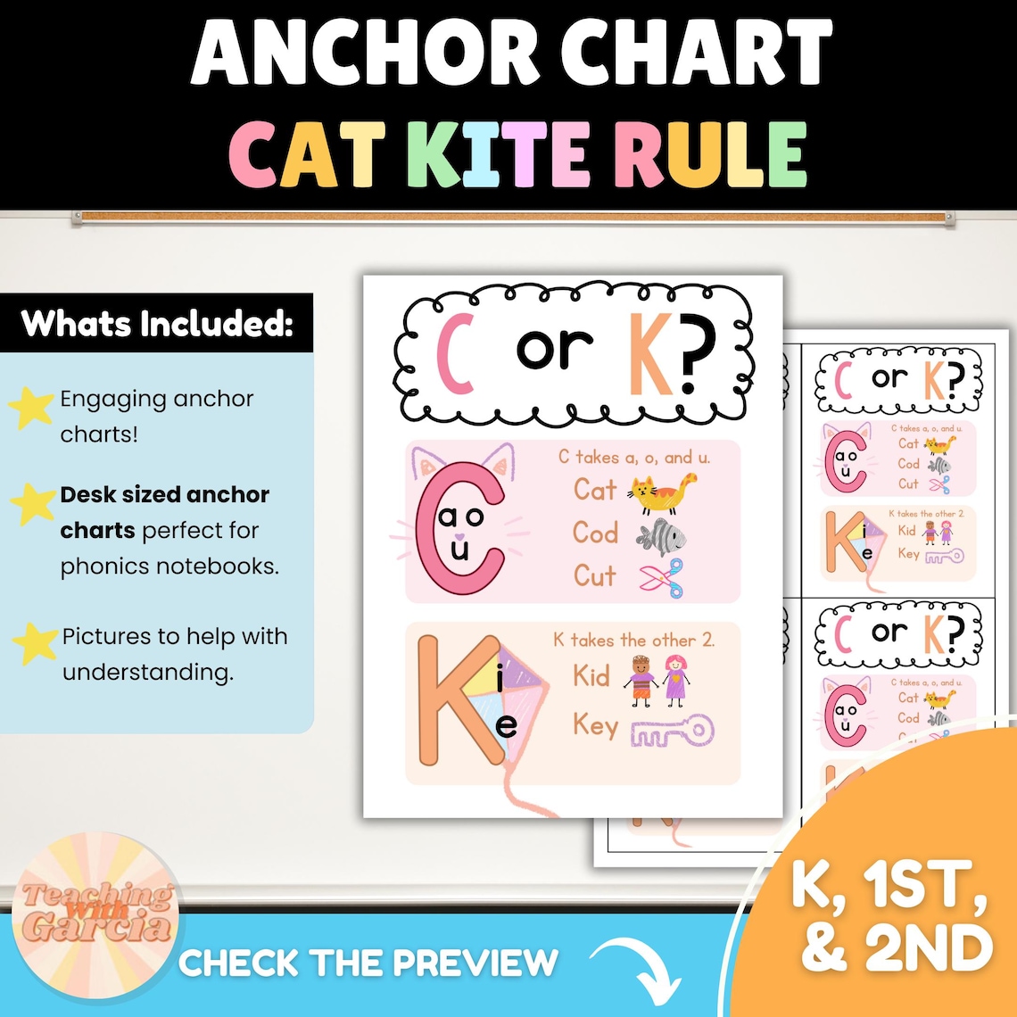 C or K Spelling Rule Anchor Chart Cat Kite Rule Phonics Poster Digital ...