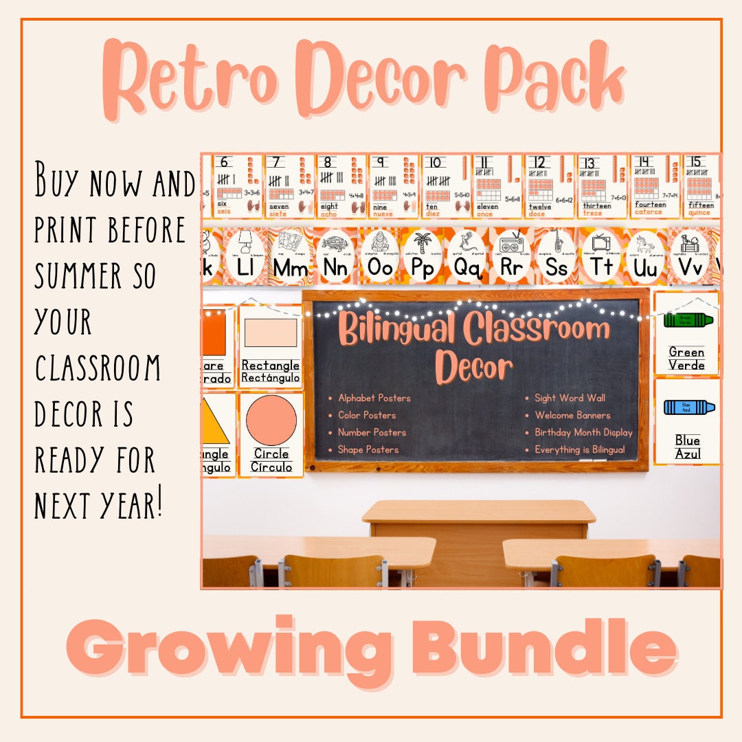 Bilingual Bright Retro Groovy Classroom Decor | Bundle Colorful Vintage ...