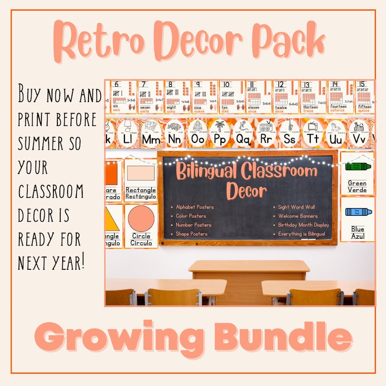 Bilingual Bright Retro Groovy Classroom Decor | Bundle Colorful Vintage ...