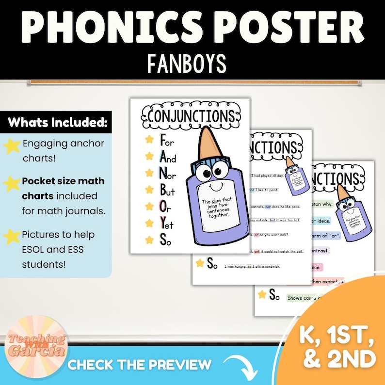 FANBOYS Conjunctions Anchor Chart | Back to School Writing Poster for K ...