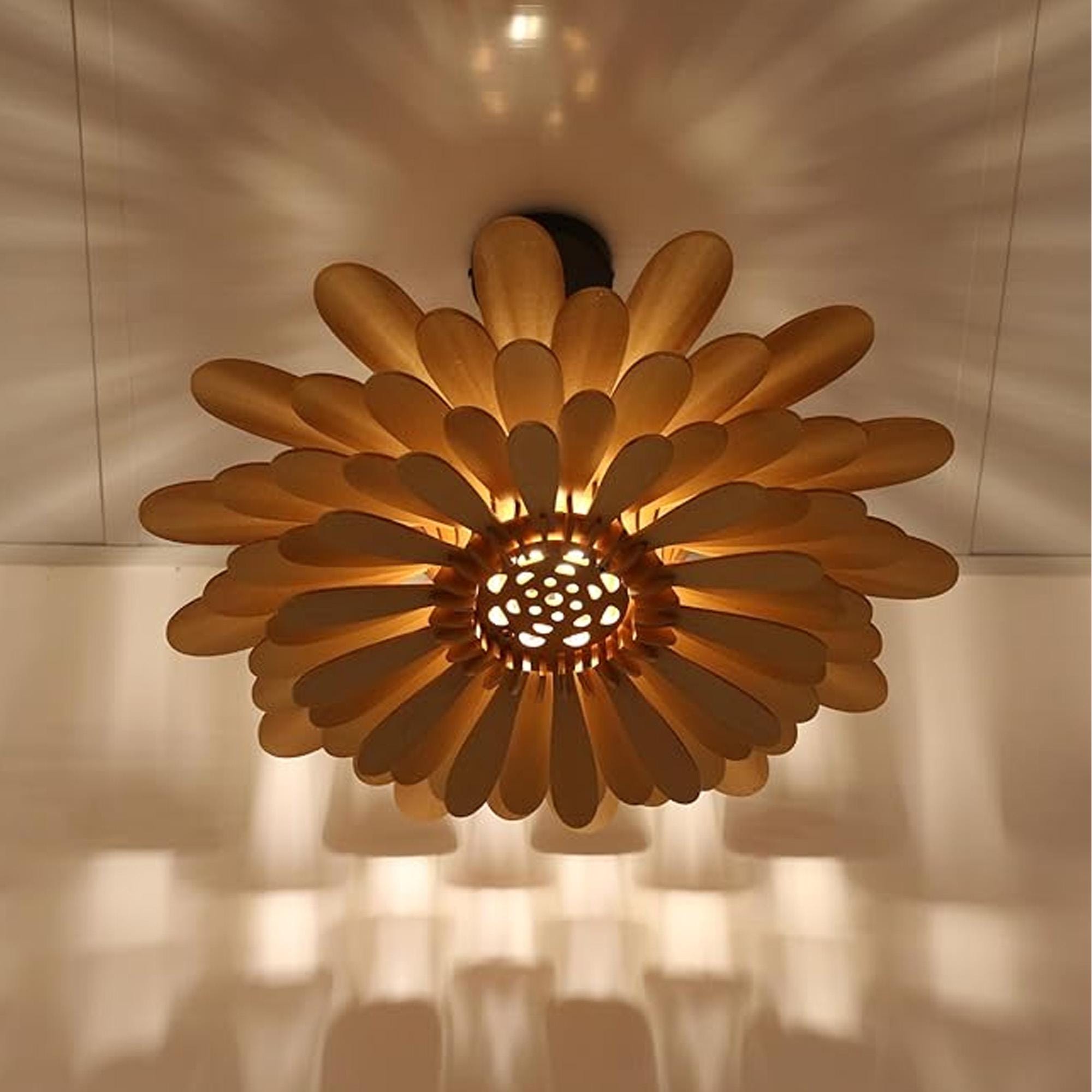 Flower Pendant Light Wood Chandelier Hanging Lampshade Unique Light ...
