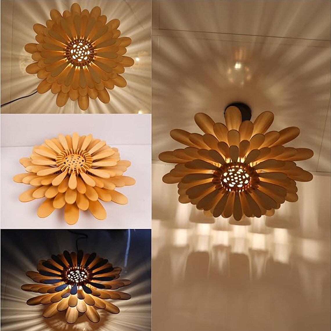 Flower Pendant Light Wood Chandelier Hanging Lampshade Unique Light ...