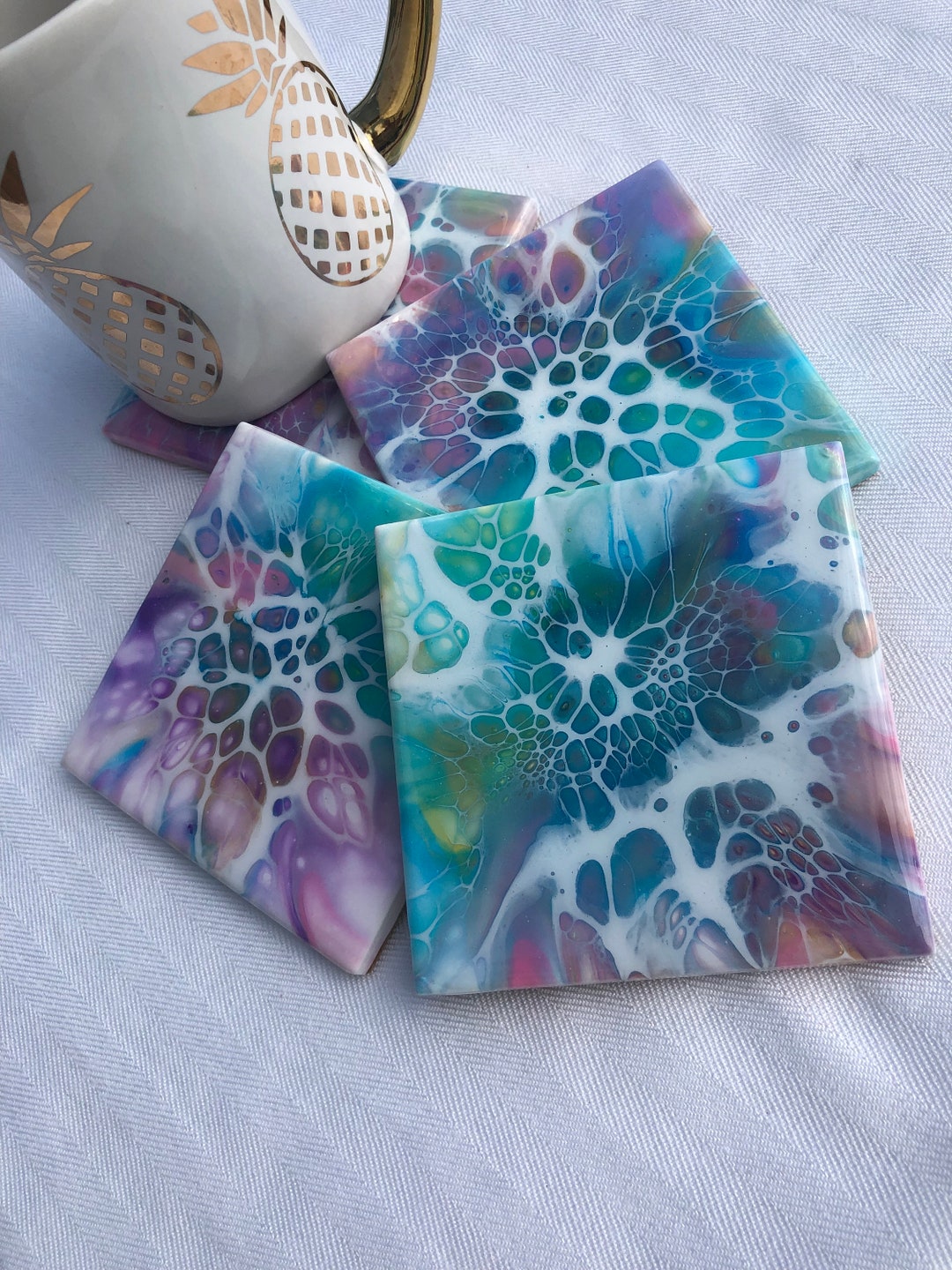 Acrylic Sheleeart Bloom Pour Painting Ceramic Coasters Set of 4 four ...