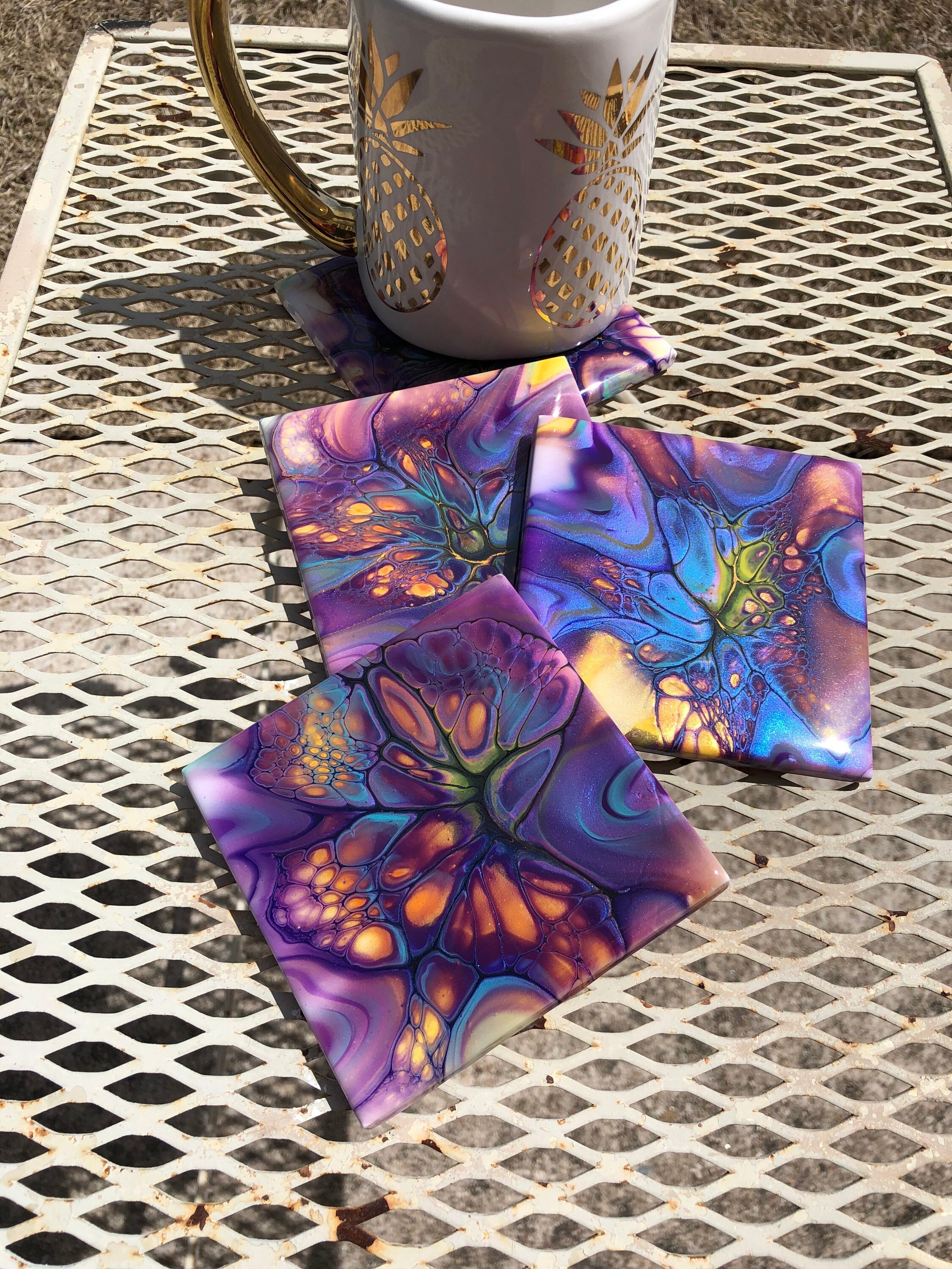 Acrylic Pour Painting Coasters Set of 4 four Resined With Cork Back ...