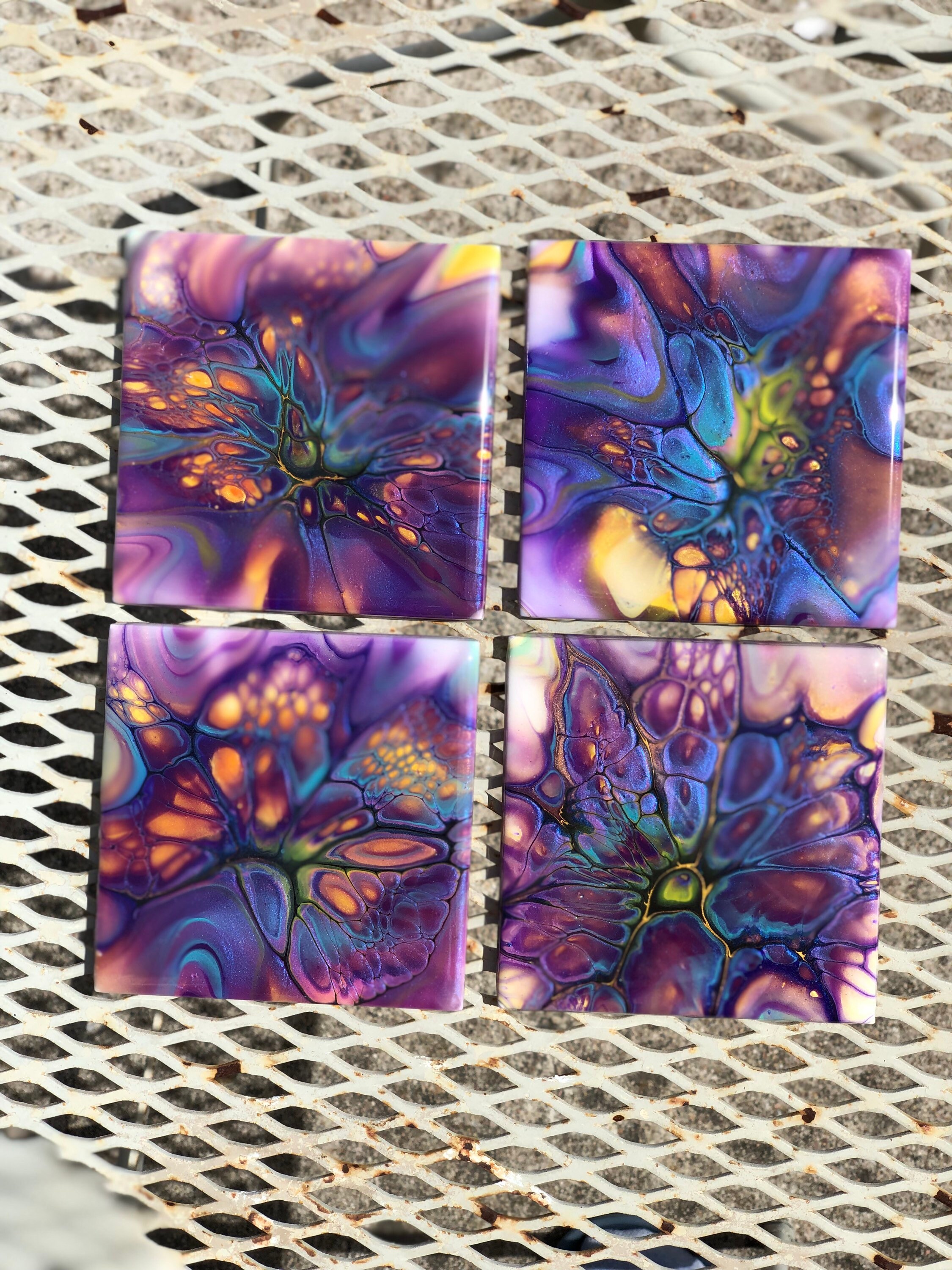 Acrylic Pour Painting Coasters Set of 4 four Resined With Cork Back ...