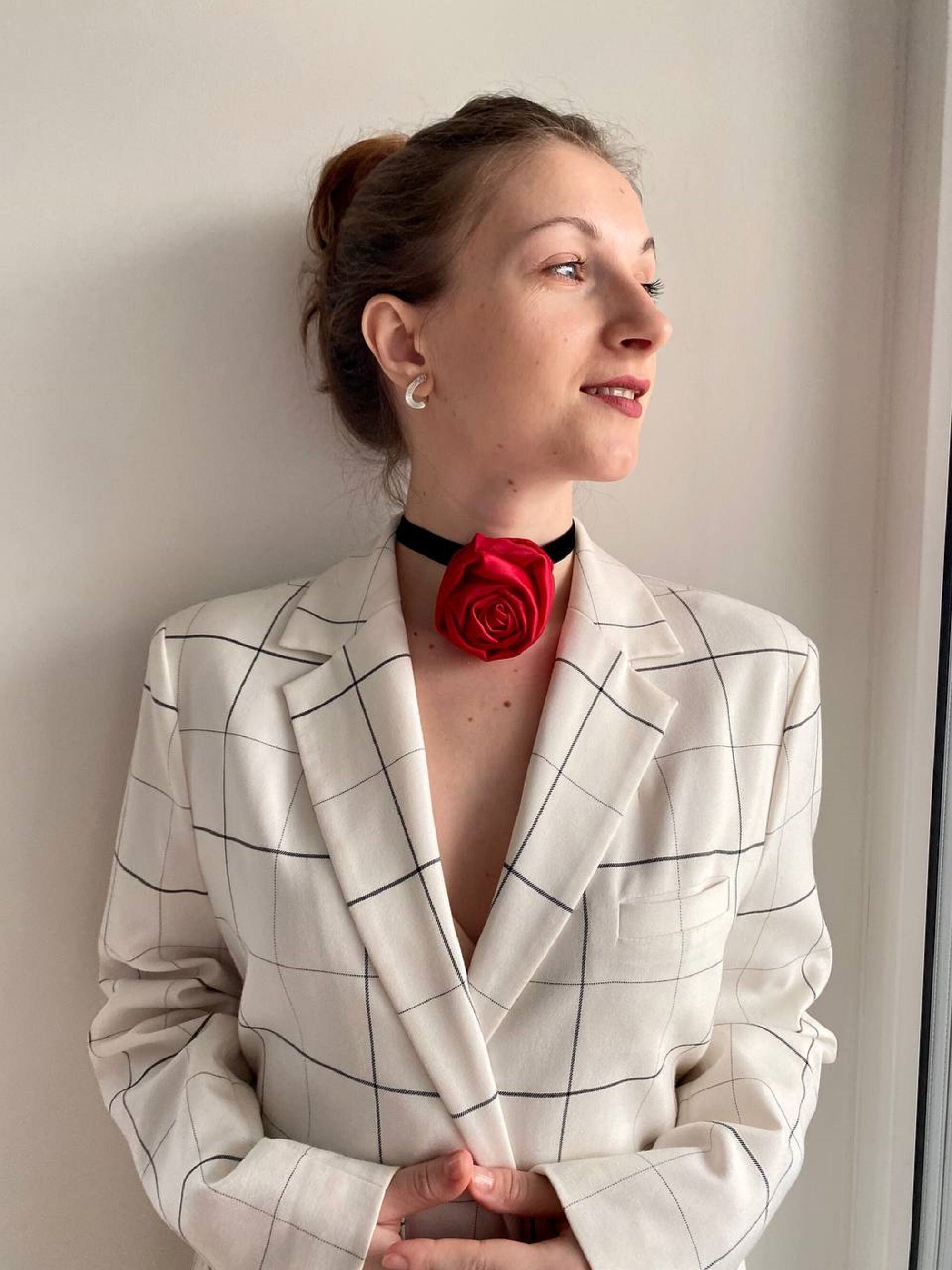 Rose Flower Choker Necklace Satin Red Rose Choker Velvet - Etsy