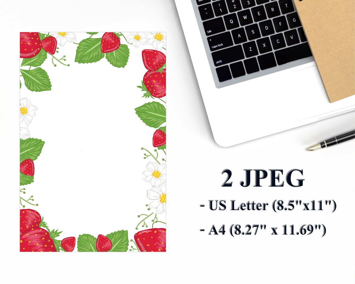 Printable Strawberries Stationery, Instant Download, Blank and Lined ...