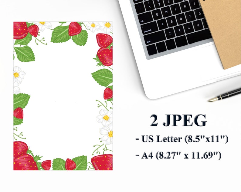 Printable Strawberries Stationery, Instant Download, Blank and Lined ...