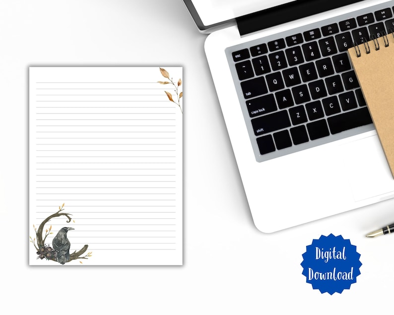 Printable Black Crow Stationery, Letter Writing Paper, Lined and Unlined Paper, Note Paper, A4 ...