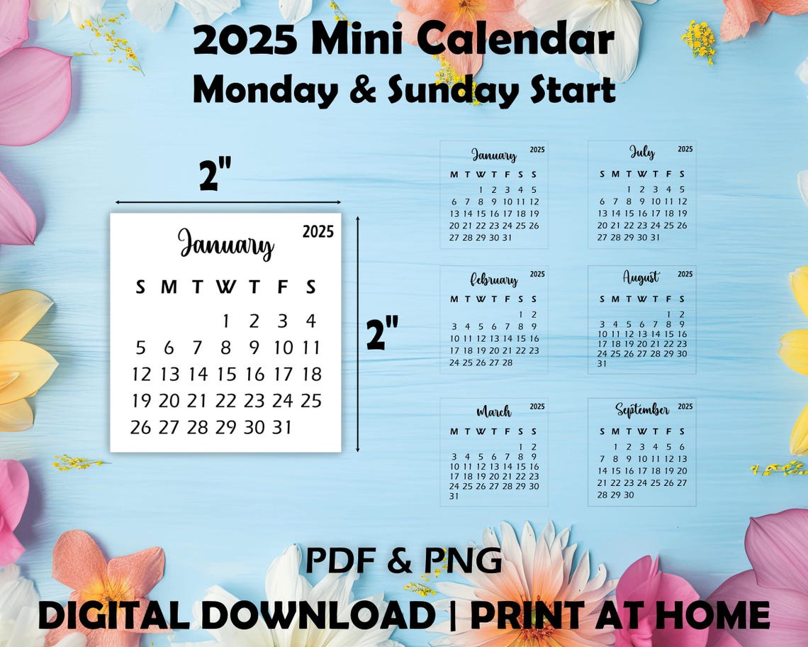Printable 2025 PNG Calendar, 2x2 Inches, Transparent Monthly Calendar ...
